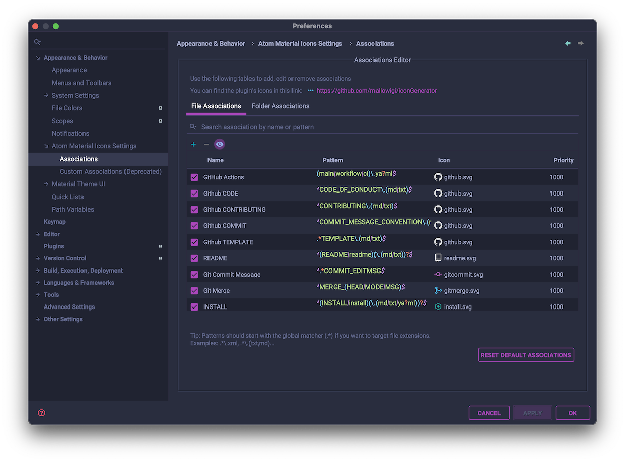 Icon Associations Editor - Material Theme UI Documentation