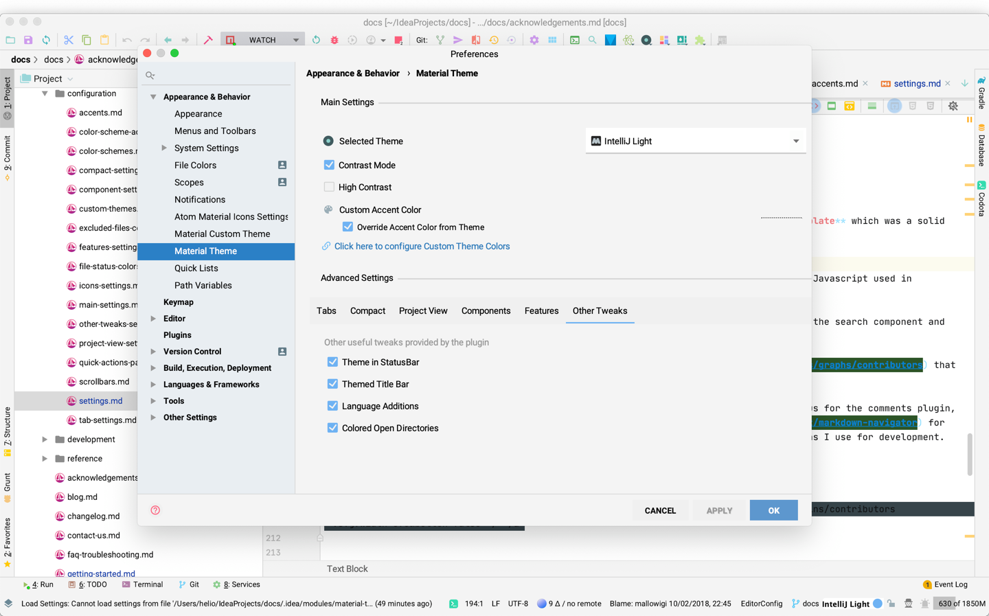 Settings - Material Theme UI Documentation