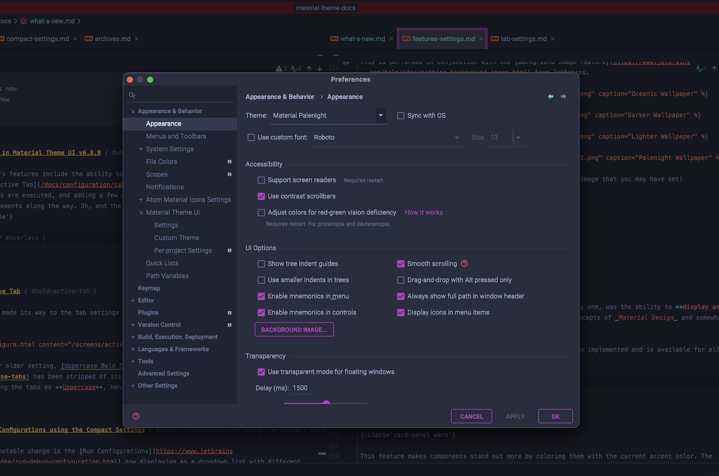 Feature Settings - Material Theme UI Documentation